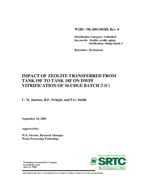 (PDF) Impact of Zeolite Transferred from Tank 19F to Tank 18F on DWPF ...