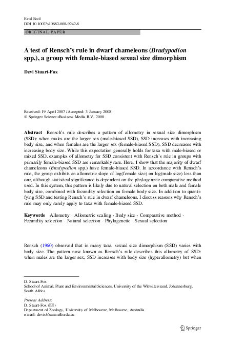 (PDF) A test of Rensch’s rule in dwarf chameleons (Bradypodion spp.), a ...
