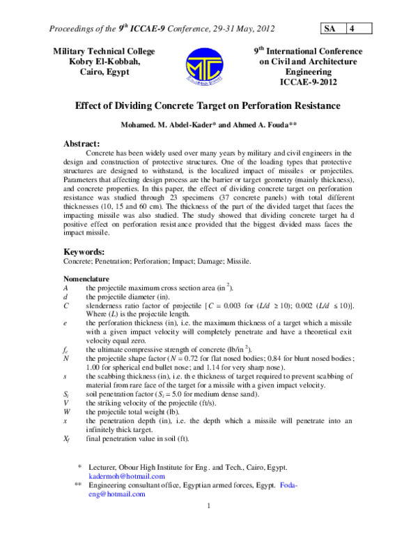 (PDF) Effect of Dividing Concrete Target on Perforation Resistance