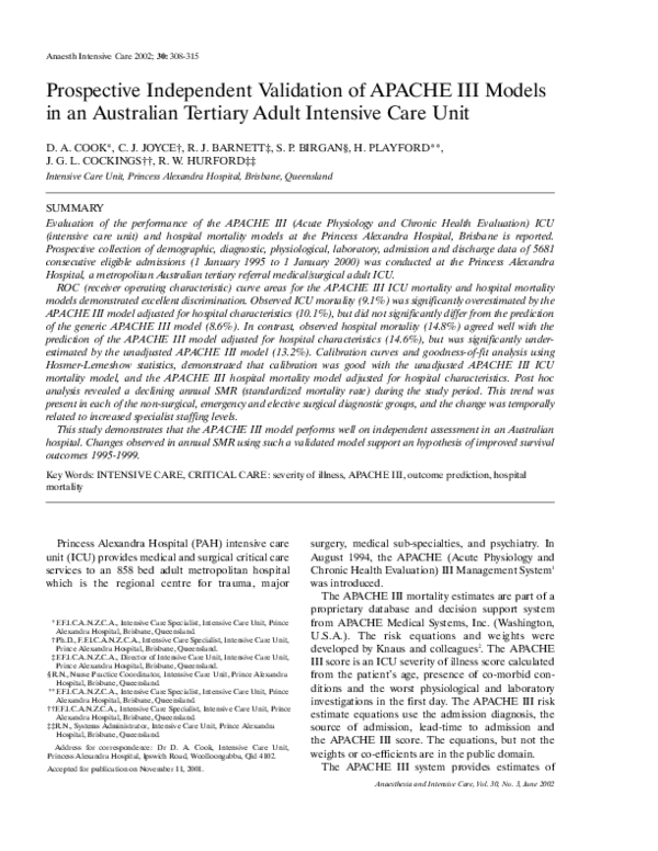 (PDF) Prospective Independent Validation of APACHE III Models in an ...