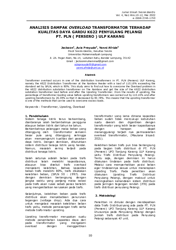 (PDF) Analisis Dampak Overload Transformator Terhadap Kualitas Daya Gardu K622 Penyulang Pelangi ...