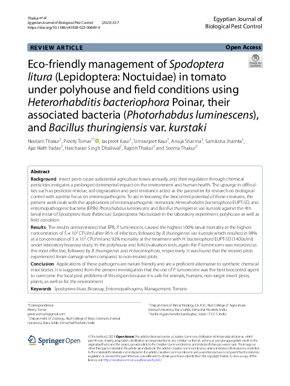 (PDF) Eco-friendly management of Spodoptera litura (Lepidoptera: Noctuidae) in tomato under ...