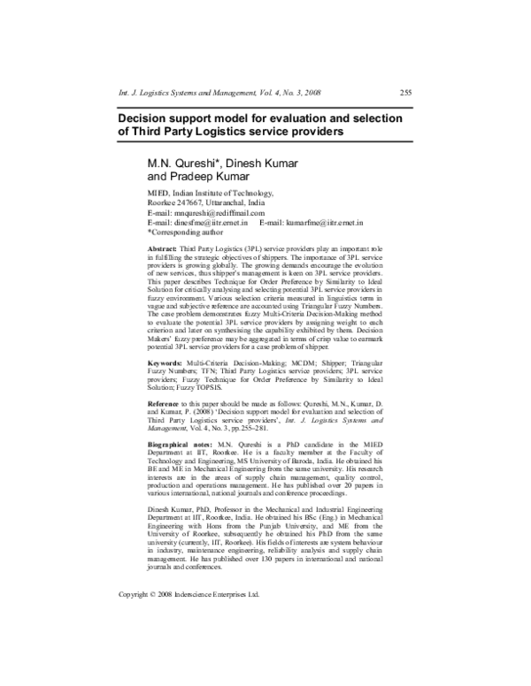 (PDF) Decision support model for evaluation and selection of Third Party Logistics service providers