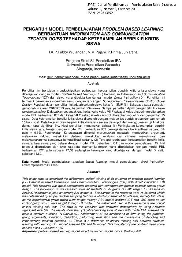 (PDF) Pengaruh Model Pembelajaran Problem Based Learning Berbantuan ...