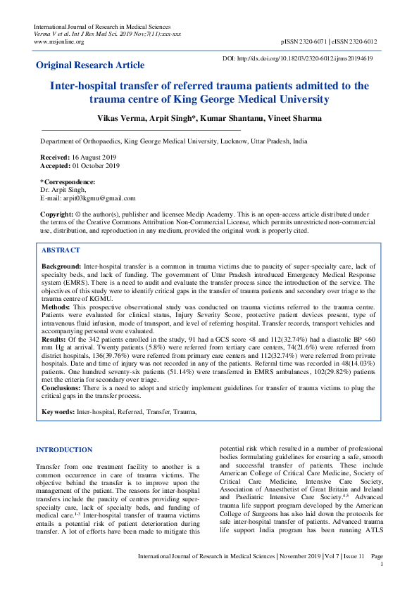 (PDF) Inter-hospital transfer of referred trauma patients admitted to ...