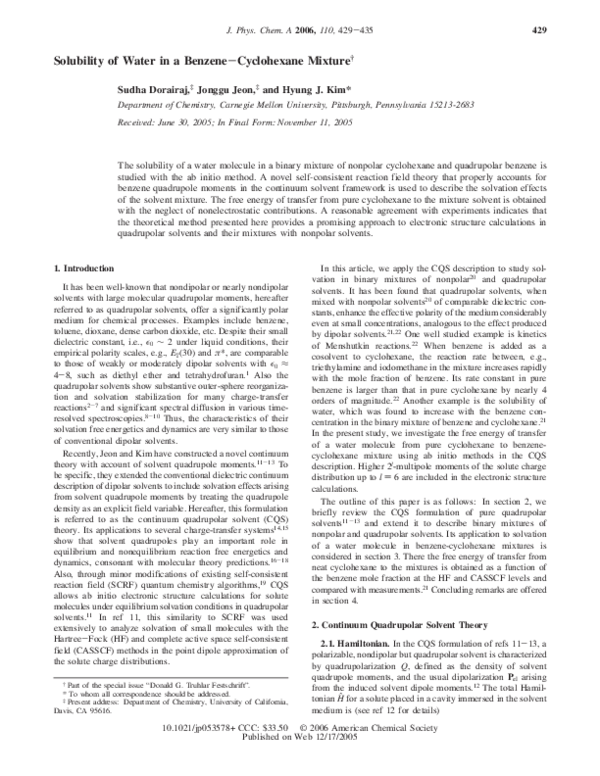 (PDF) Solubility of Water in a Benzene−Cyclohexane Mixture