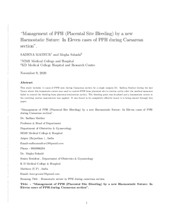(PDF) “Management of PPH (Placental Site Bleeding) by a new Haemostatic ...