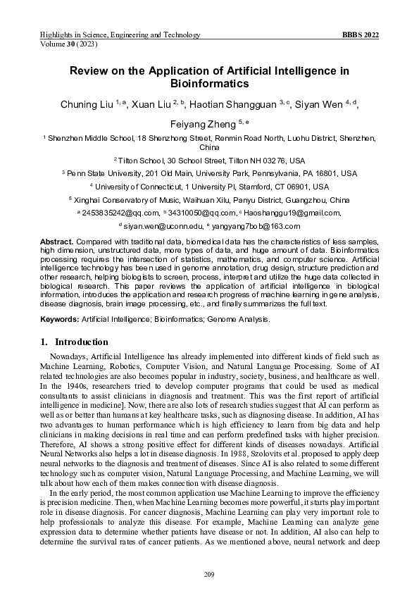 (PDF) Review on the Application of Artificial Intelligence in Bioinformatics