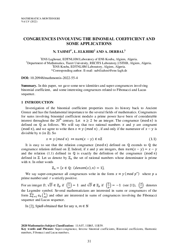Pdf Congruences Involving The Binomial Coefficient And Some Applications