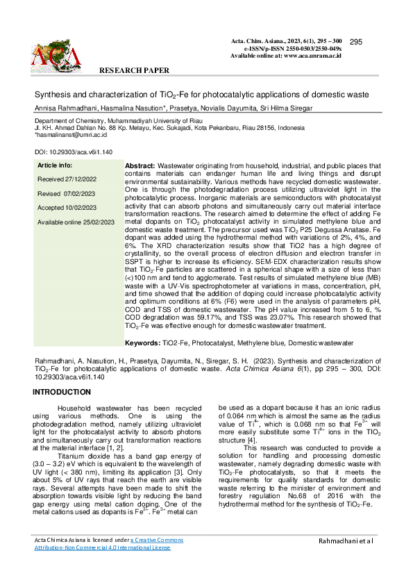 (PDF) Synthesis and characterization of TiO2-Fe for photocatalytic applications of domestic waste