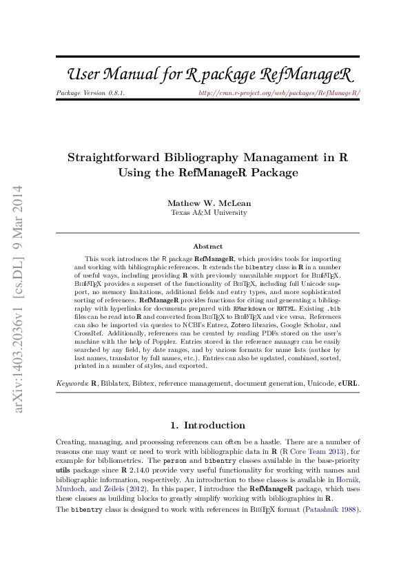 (PDF) Straightforward Bibliography Management in R with the RefManageR ...
