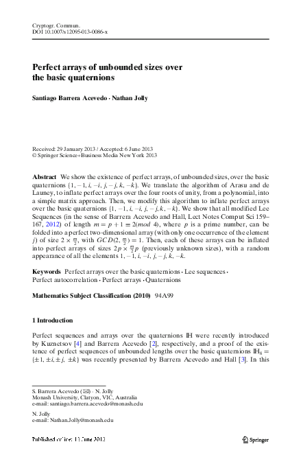 (PDF) Perfect arrays of unbounded sizes over the basic quaternions