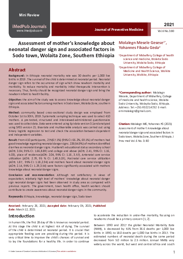 (PDF) Assessment of mother's knowledge about neonatal danger sign and ...