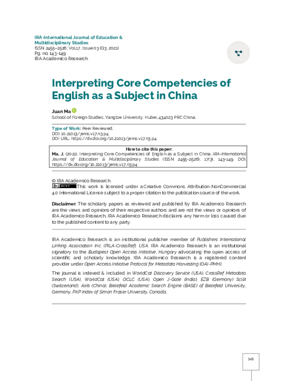 (PDF) Interpreting Core Competencies of English as a Subject in China