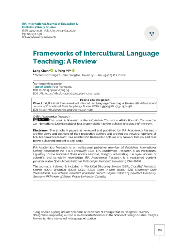 (PDF) Frameworks of Intercultural Language Teaching: A Review