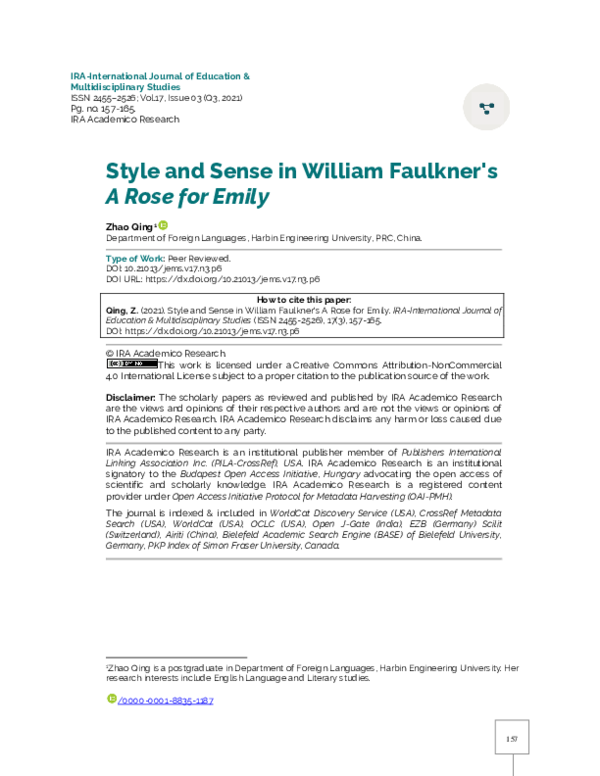 (PDF) Style and Sense in William Faulkner's A Rose for Emily