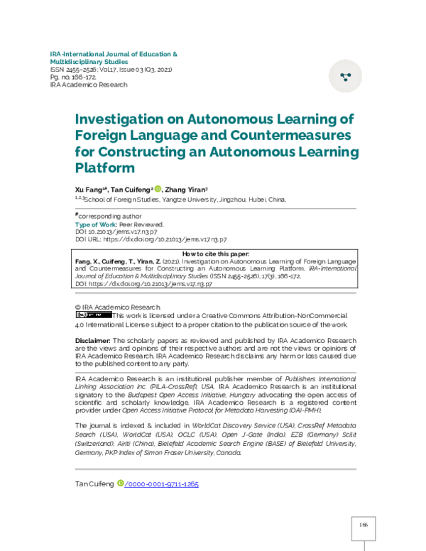 (PDF) Investigation on Autonomous Learning of Foreign Language and Countermeasures for ...