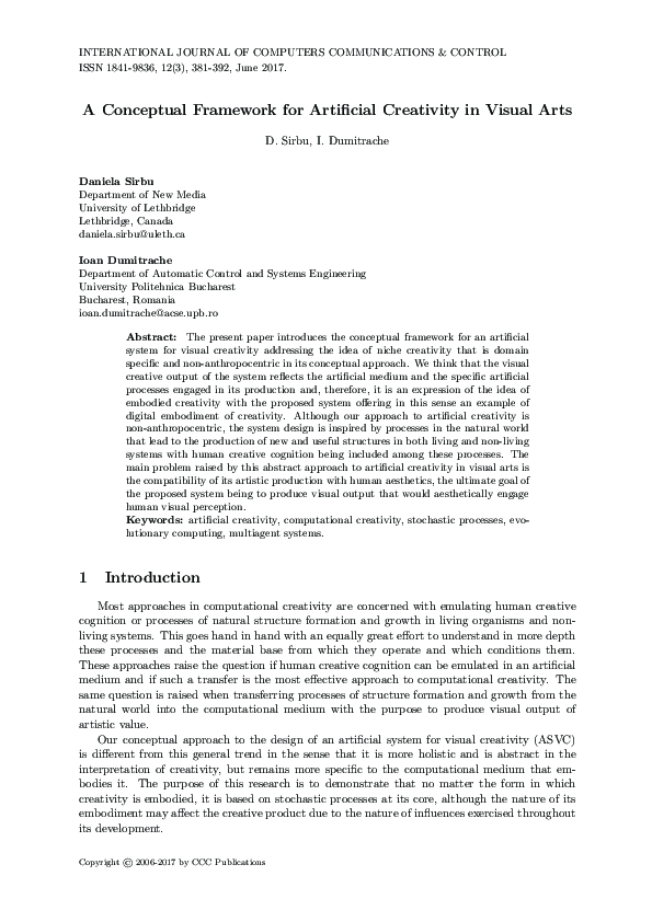 (PDF) A Conceptual Framework for Artificial Creativity in Visual Arts