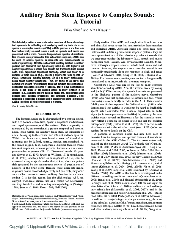 (PDF) Auditory Brain Stem Response to Complex Sounds: A Tutorial