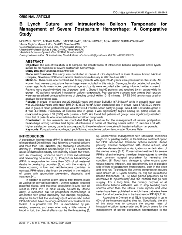 (PDF) B Lynch Suture and Intrauteribne Balloon Tamponade for Management ...