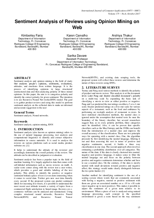 (PDF) Sentiment Analysis of Reviews using Opinion Mining on Web