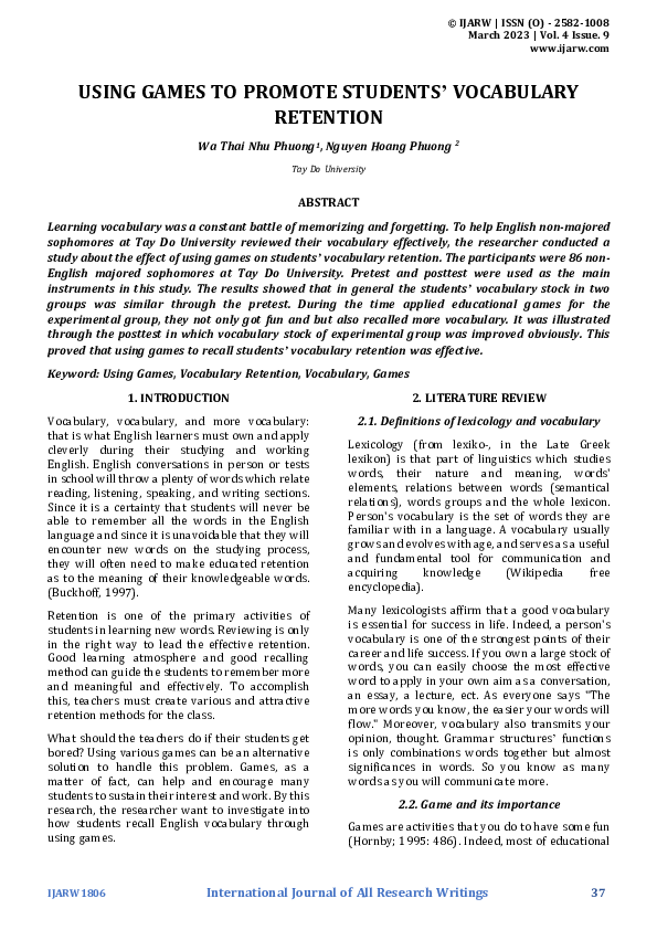 (PDF) USING GAMES TO PROMOTE STUDENTS' VOCABULARY RETENTION