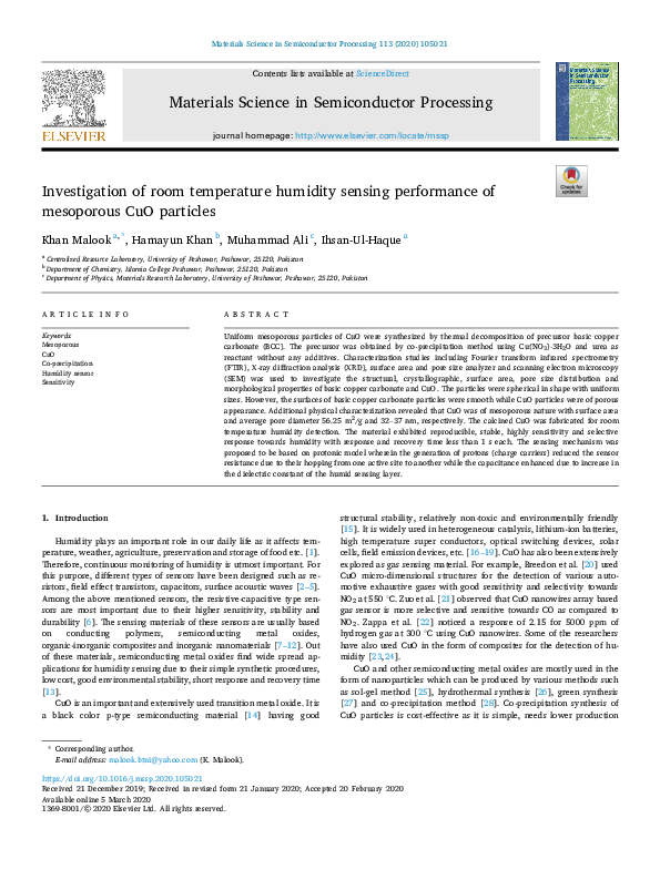 (PDF) Investigation of room temperature humidity sensing performance of ...