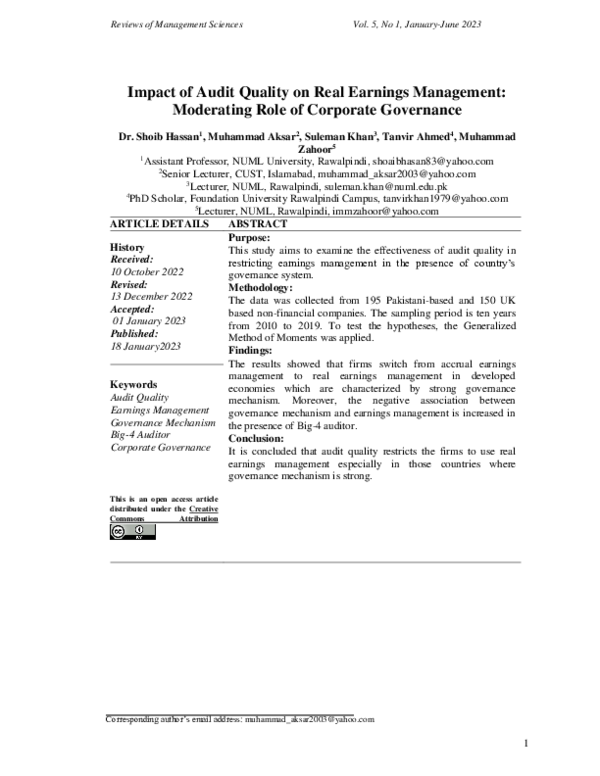 (PDF) Impact of Audit Quality on Real Earnings Management: Moderating Role of Corporate Governance