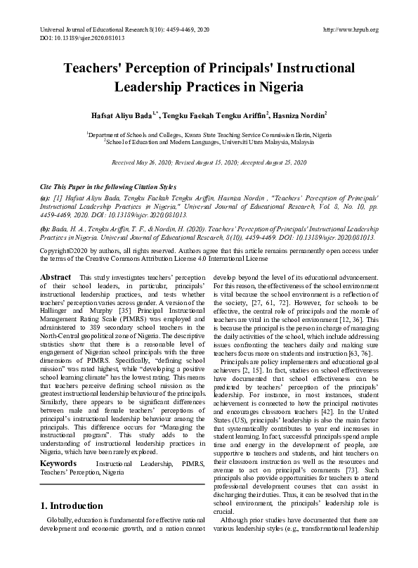 (PDF) Teachers' Perception of Principals' Instructional Leadership Practices in Nigeria