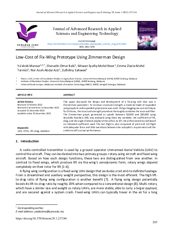 (PDF) Low-Cost of Fix-Wing Prototype Using Zimmerman Design
