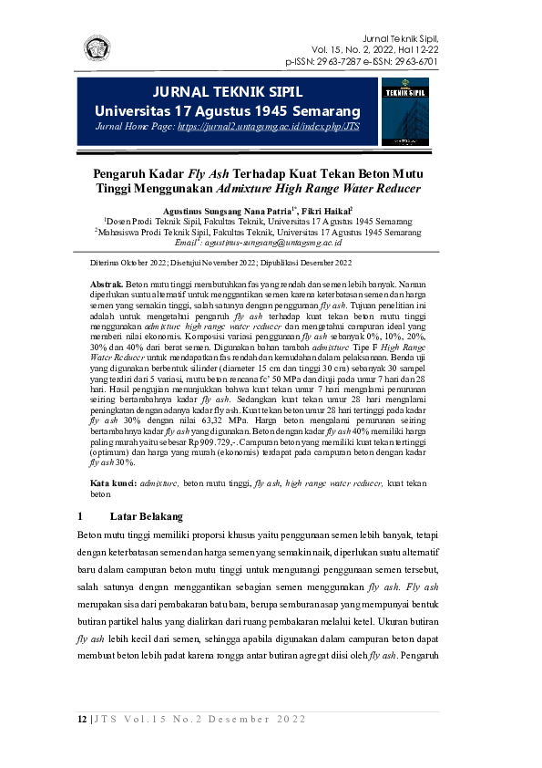 (PDF) Pengaruh Kadar Fly Ash Terhadap Kuat Tekan Beton Mutu Tinggi Menggunakan Admixture High ...
