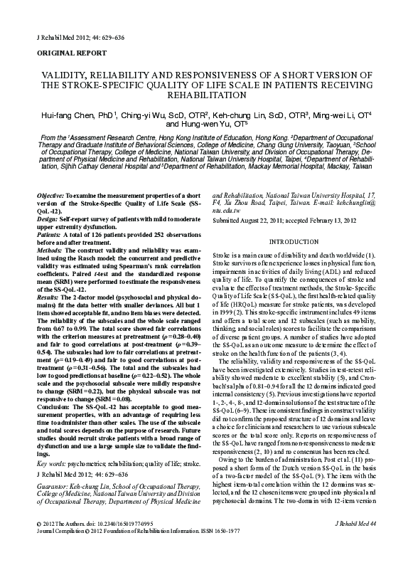 (PDF) Validity, reliability and responsiveness of a short version of the Stroke-Specific Quality ...
