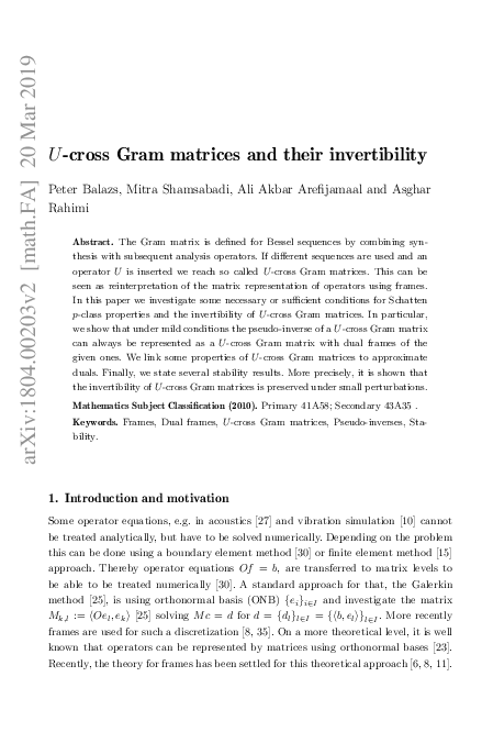 (PDF) U-cross Gram matrices and their associated reconstructions
