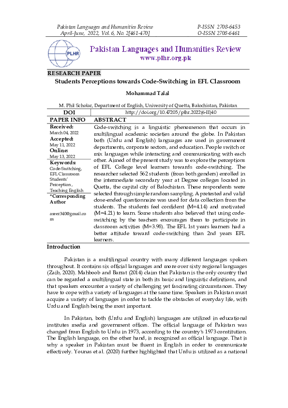 (PDF) Students Perceptions towards Code-Switching in EFL Classroom