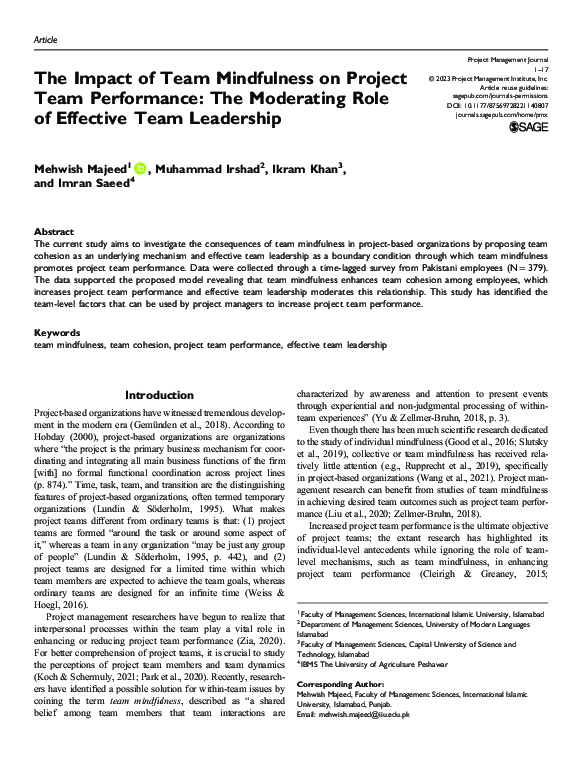 (PDF) The Impact of Team Mindfulness on Project Team Performance: The ...