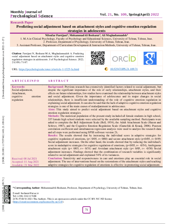 (PDF) Predicting social adjustment based on attachment styles and cognitive emotion regulation ...