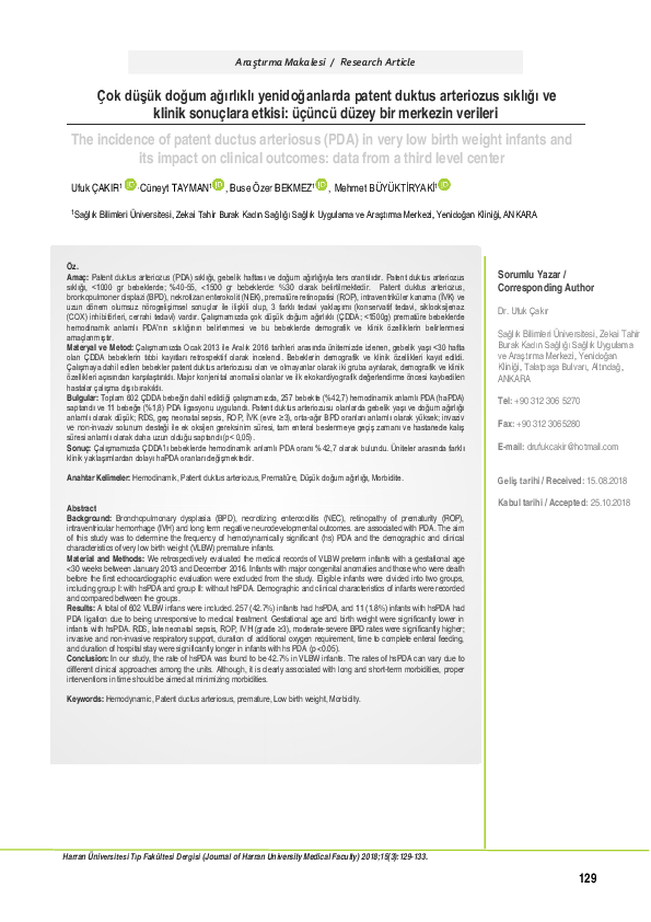(PDF) Çok Düşük Doğum Ağırlıklı Yenidoğanlarda Patent Duktus Arteriozus ...
