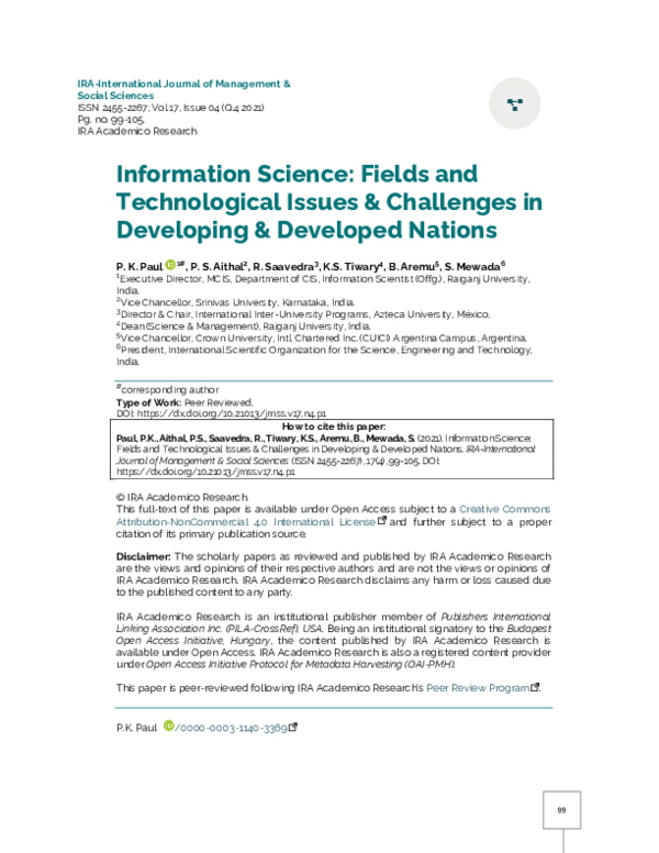 (PDF) Information Science: Fields and Technological Issues & Challenges ...