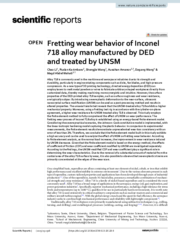 (PDF) Fretting wear behavior of Inconel 718 alloy manufactured by DED ...