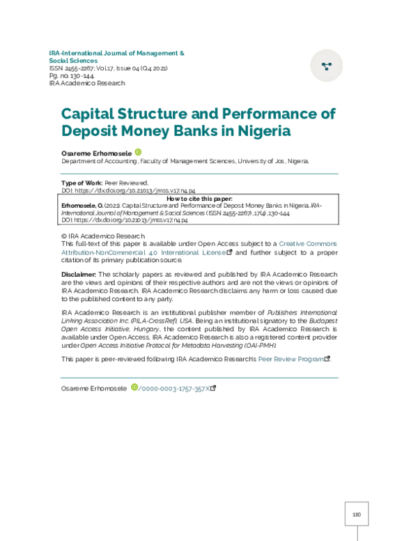 (PDF) Capital Structure and Performance of Deposit Money Banks in Nigeria