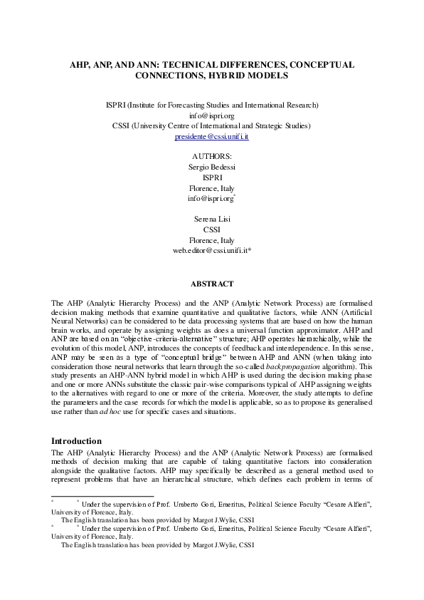 (PDF) Ahp, Anp, and Ann: Technical Differences, Conceptual Connections, Hybrid Models