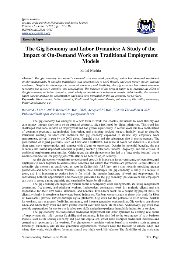 (PDF) The Gig Economy and Labor Dynamics: A Study of the Impact of On-Demand Work on Traditional ...