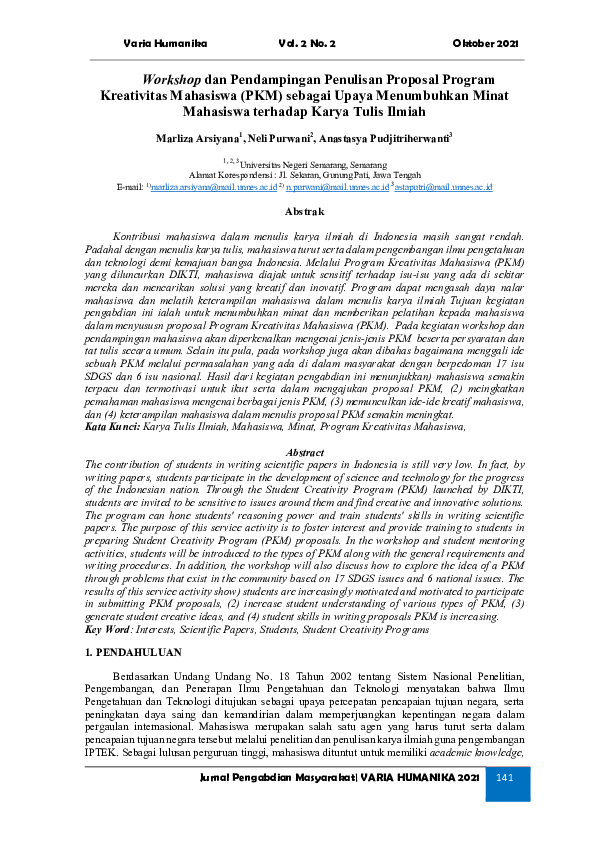 (PDF) Workshop dan Pendampingan Penulisan Proposal Program Kreativitas Mahasiswa (PKM) sebagai ...