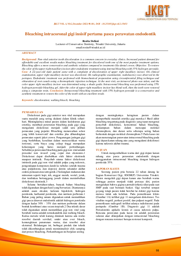 (PDF) Bleaching intracoronal gigi insisif pertama pasca perawatan endodontik (Laporan Kasus)