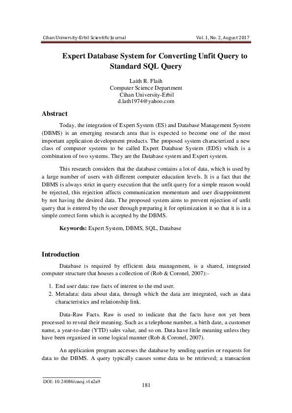 (PDF) Expert Database System for Converting Unfit Query to Standard SQL ...