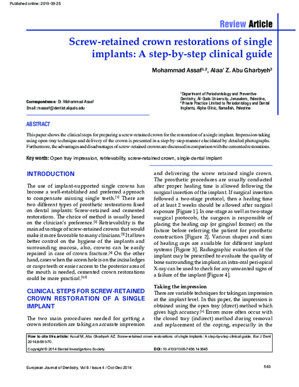 (PDF) Screw-retained crown restorations of single implants: A step-by ...