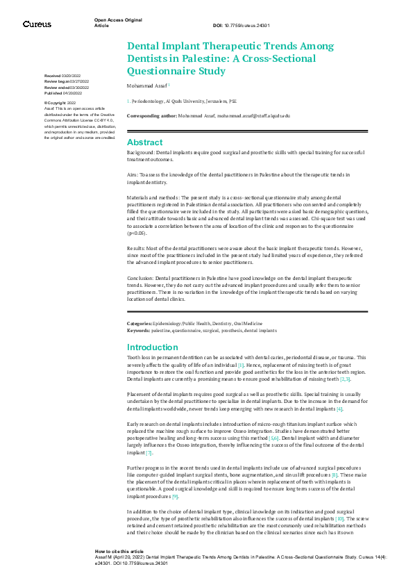 (PDF) Dental Implant Therapeutic Trends Among Dentists in Palestine: A Cross-Sectional ...