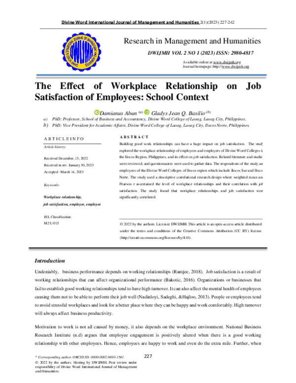 (PDF) The Effect of Workplace Relationship on Job Satisfaction of ...
