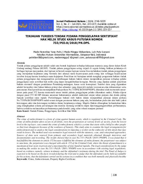 (PDF) Tinjauan Yuridis Tindak Pidana Penggelapan Sertifikat Hak Milik Studi Kasus Putusan Nomor ...