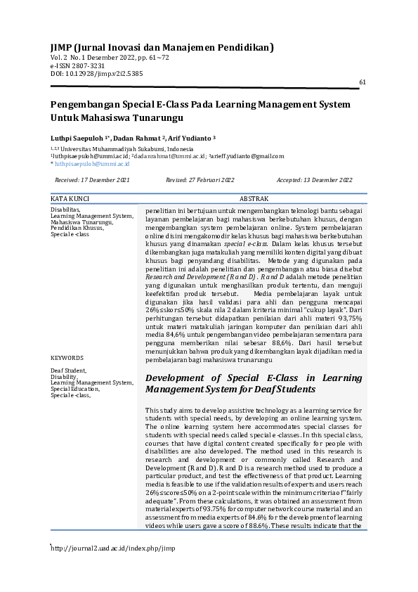 (PDF) Pengembangan Special E-Class Pada Learning Management System Untuk Mahasiswa Tunarungu